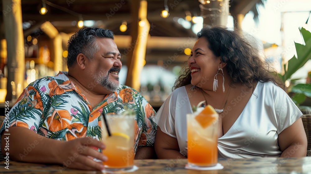 A cheerful couple dressed in summer attire enjoys a heartwarming ...