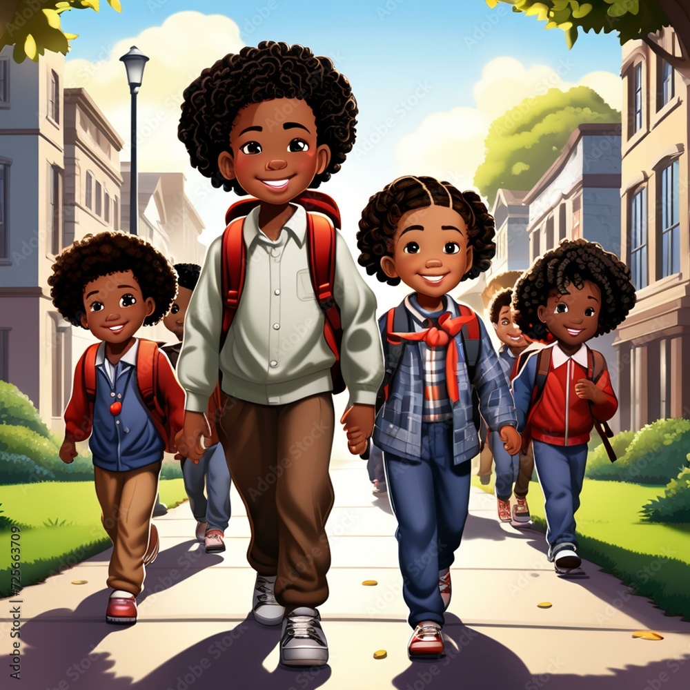 African american children walking to school clipart vector cartoons ...
