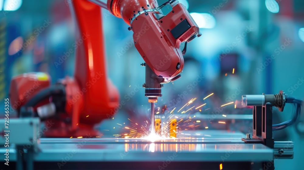 Detailed view of a robotic welding arm in a manufacturing setting ...