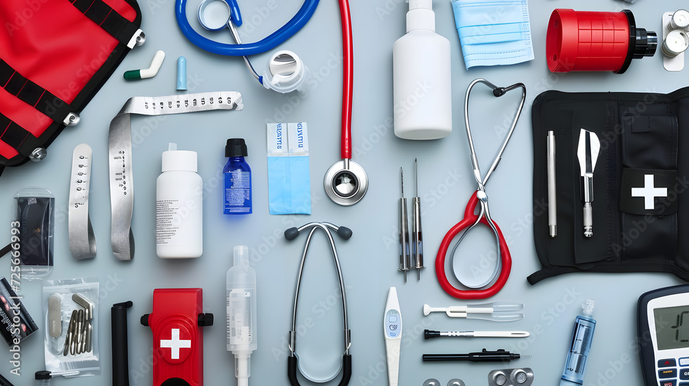 Flatlay doctor tools paramedic first aid nurse stethoscope medic ...