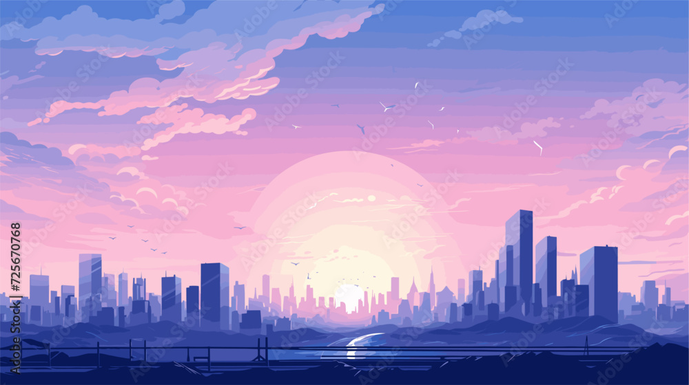 Vecteur Stock Futuristic vector art of a bustling city at dawn with ...
