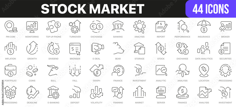 Stock market line icons collection. UI icon set in a flat design ...