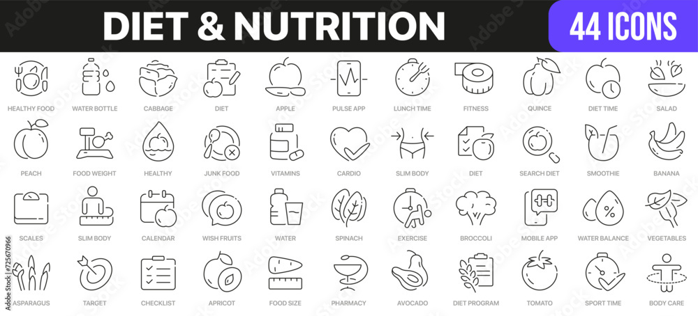 Diet and nutrition line icons collection. UI icon set in a flat design ...