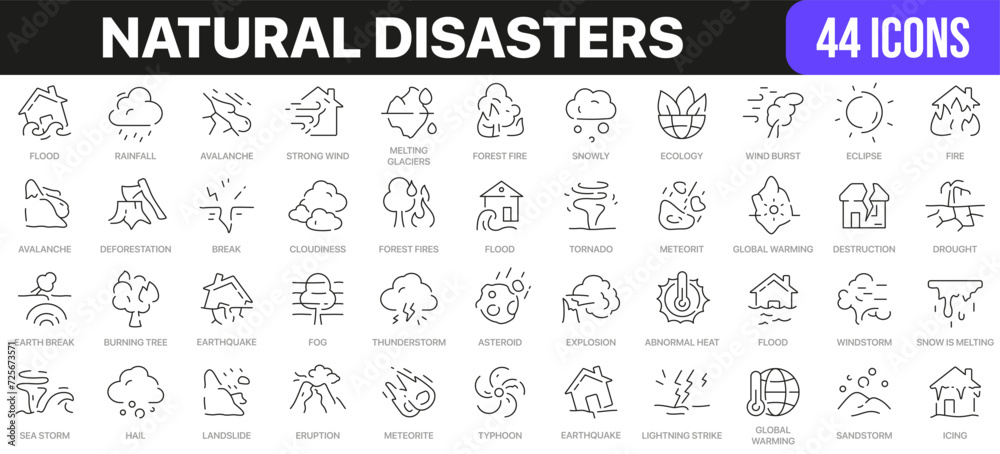 Natural disasters line icons collection. UI icon set in a flat design ...