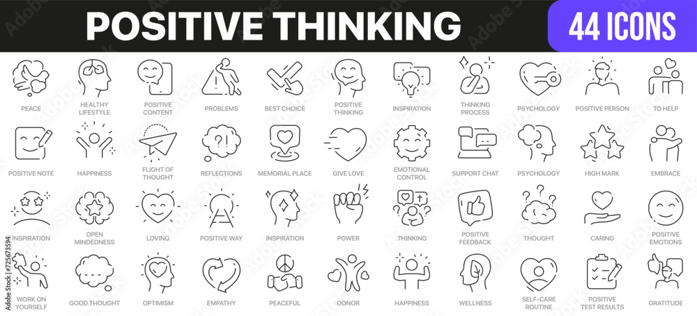 Positive thinking line icons collection. UI icon set in a flat design ...