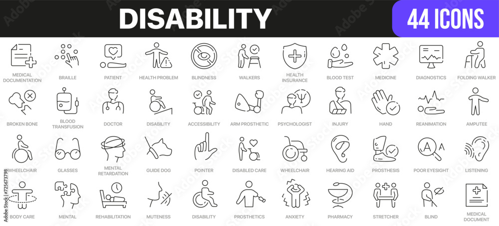 Disability line icons collection. UI icon set in a flat design ...