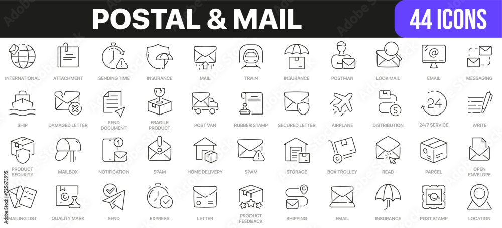 Postal and mail line icons collection. UI icon set in a flat design ...