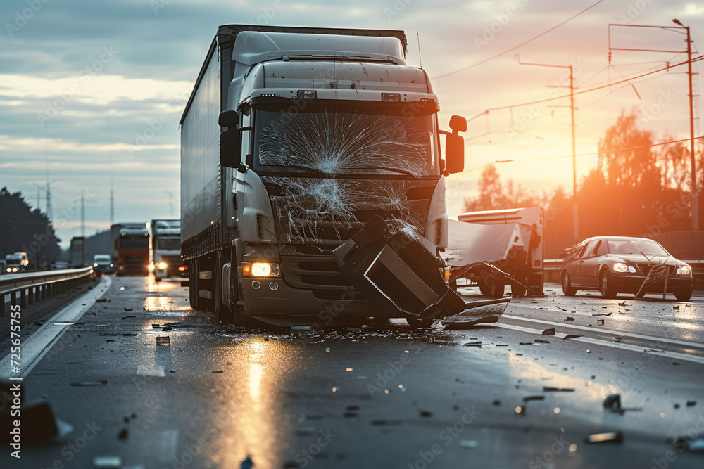 An accident involving semi truck broke down on highway road, accident report Generative AI Stock ...