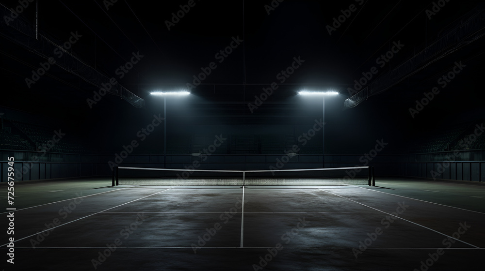 Blue tennis court and illuminated indoor arena with fans, upper front ...