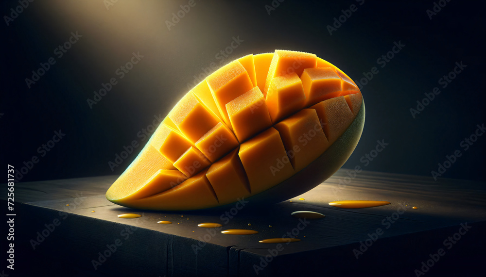 Ripe mango slice under soft, diffused light, golden yellow hues and ...