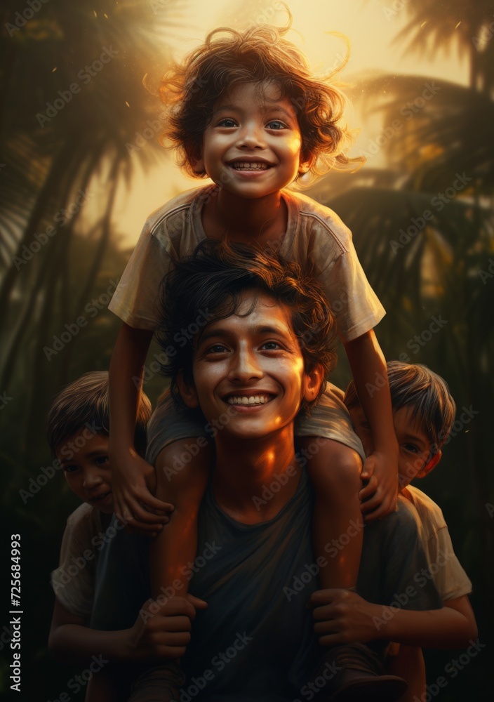 A joyful man beams with pride as he carries a beaming child on his ...