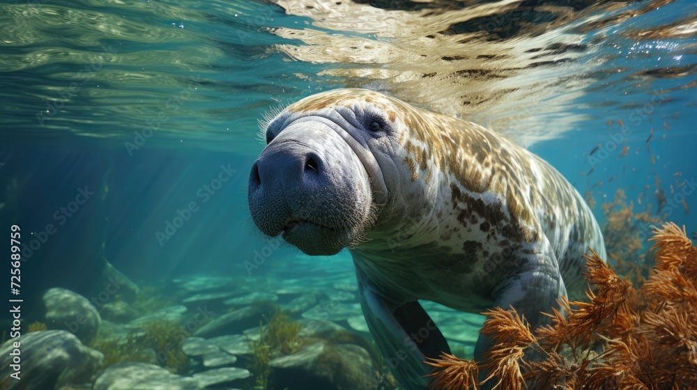 Manatee Grazing in Seagrass A Serene Underwater Scene Capturing Marine ...