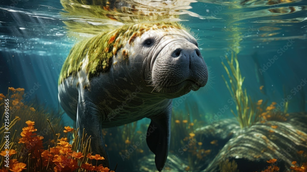 Manatee Grazing in Seagrass A Serene Underwater Scene Capturing Marine ...