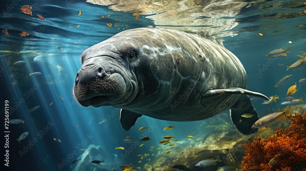 Manatee Grazing in Seagrass A Serene Underwater Scene Capturing Marine ...