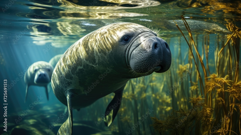 Manatee Grazing in Seagrass A Serene Underwater Scene Capturing Marine ...