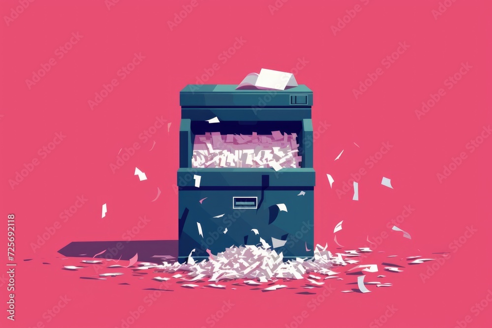 A pile of shredded paper sitting on top of a filing cabinet. Can be ...