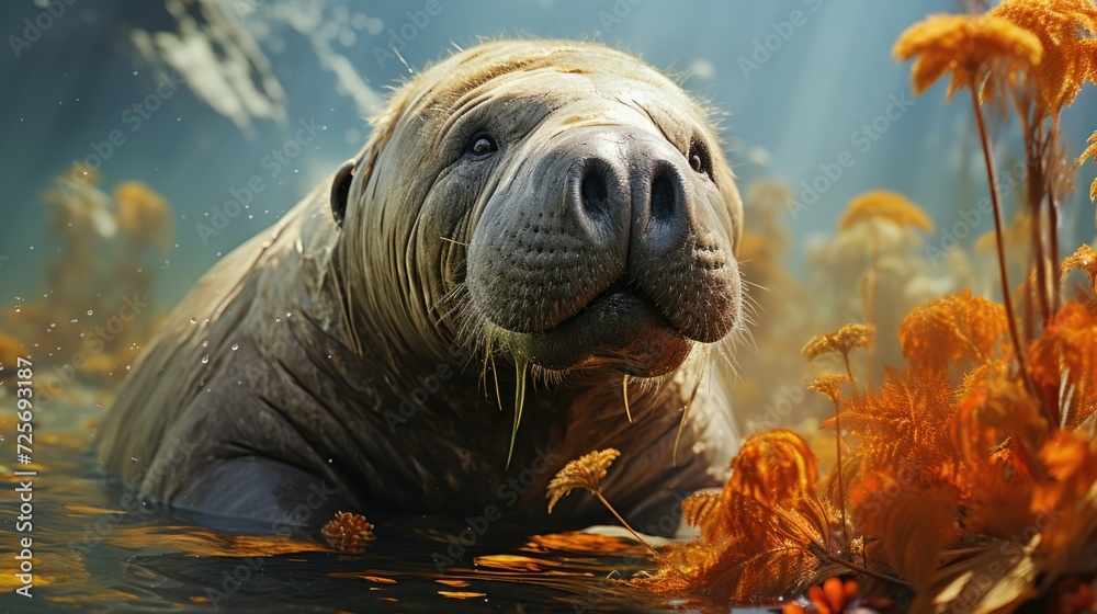 Manatee Grazing in Seagrass A Serene Underwater Scene Capturing Marine ...
