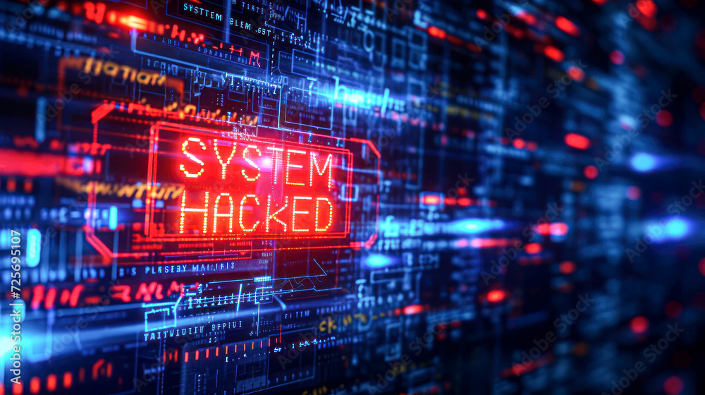 Cybersecurity Breach Alert with "System Hacked" Sign.A digital interface with glowing lines of ...