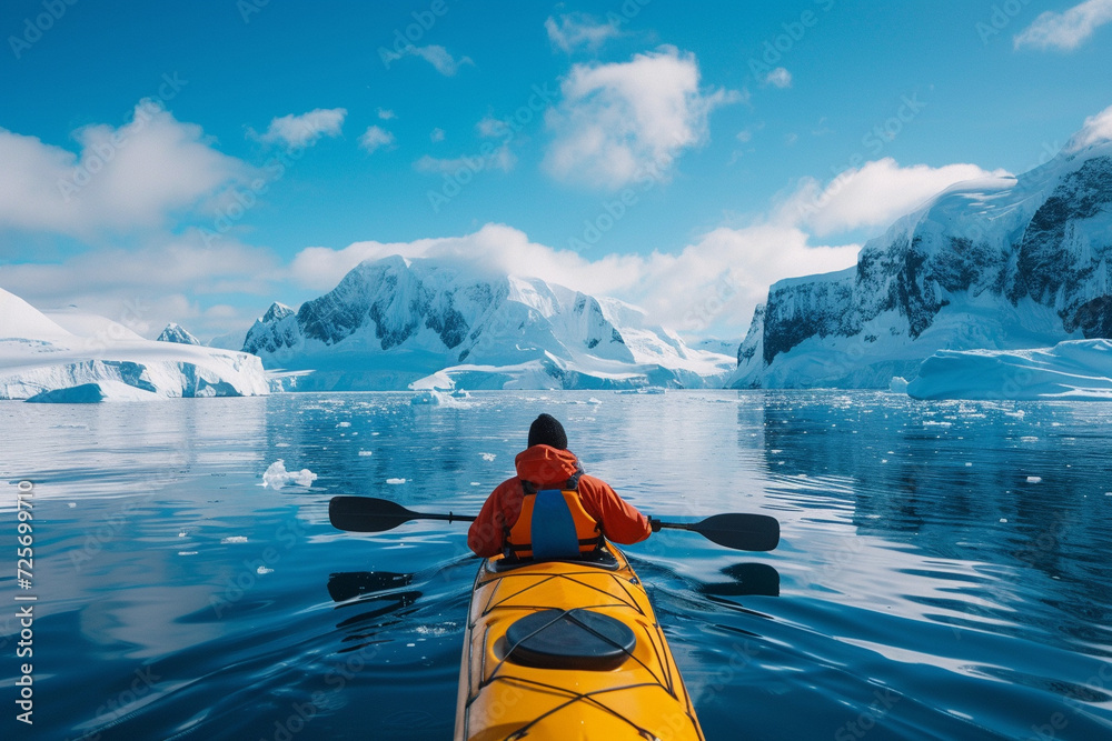 Kayaking in Antarctica between icebergs with inflatable kayak, extreme ...