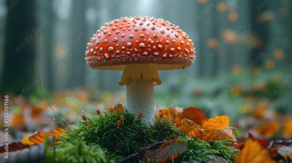 Beautiful fly agaric grow at wood. Red spotted amanita muscaria. Deep ...