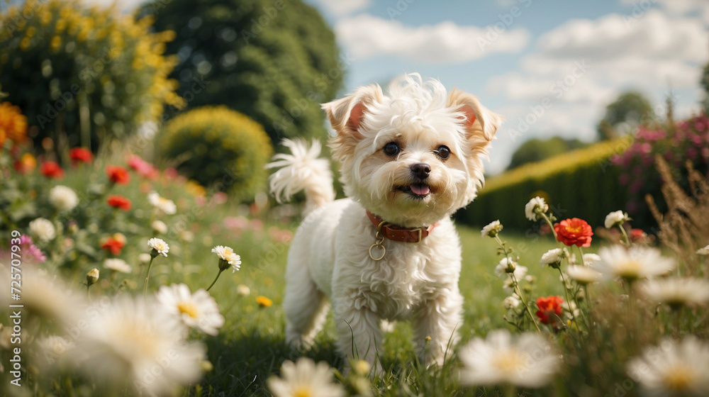 Adorable perrito blanco y feliz de la raza Bichon Frize, en un jardín ...