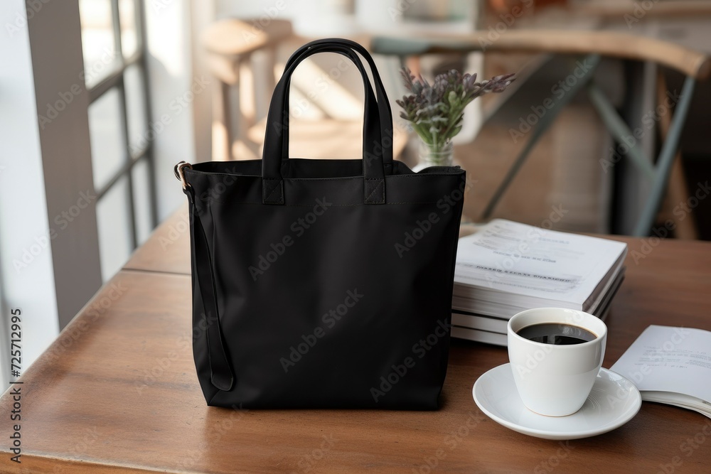 Black shopping bag. A plain black tote bag on an aesthetic tabled ...