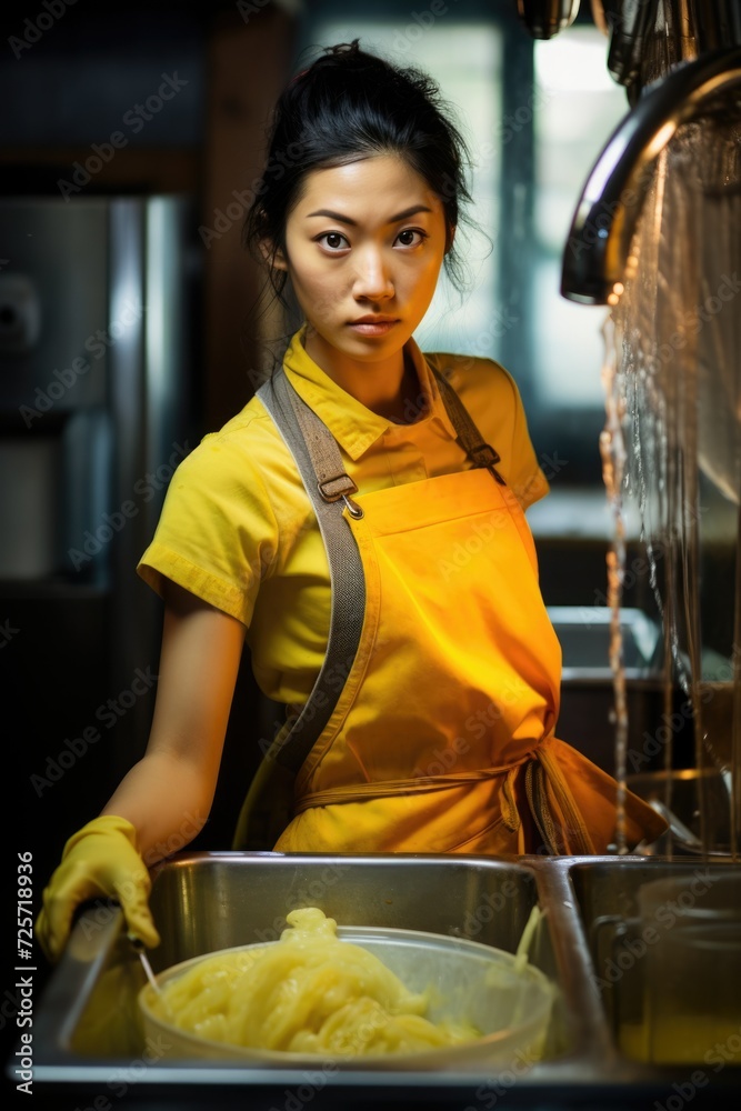 Asian woman works as a kitchen assistant. eGirl in a uniform and an ...