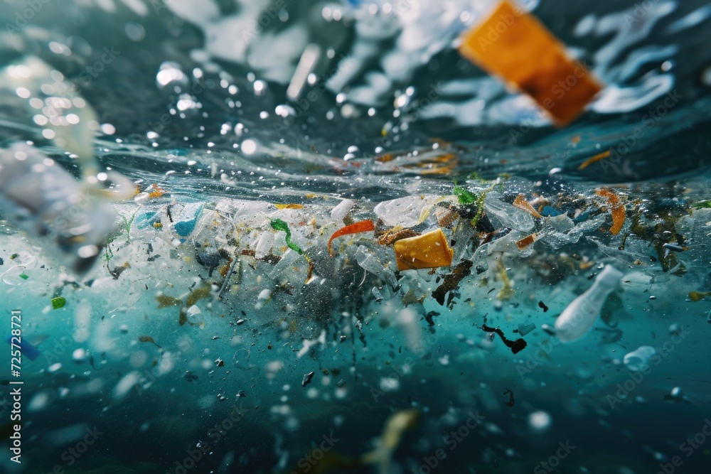 Trash floating in the ocean, highlighting the issue of marine pollution ...