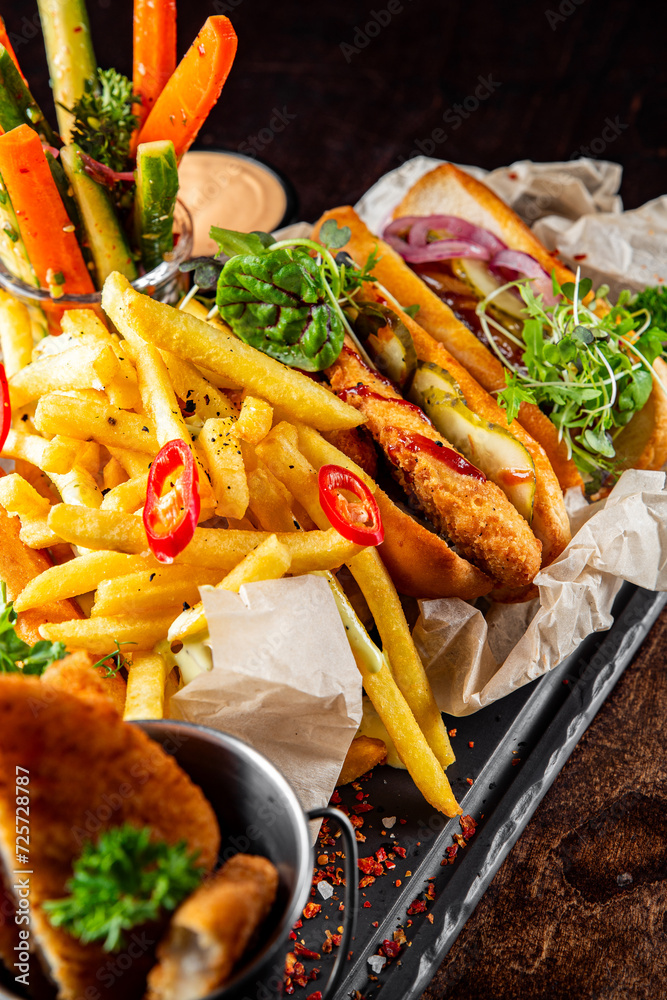 fast food set on plate. hot dog, burger, potato chips, french fries ...