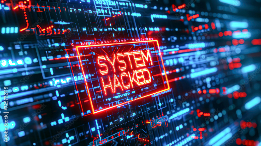 Cybersecurity Breach Alert with "System Hacked" Sign.A digital interface with glowing lines of ...