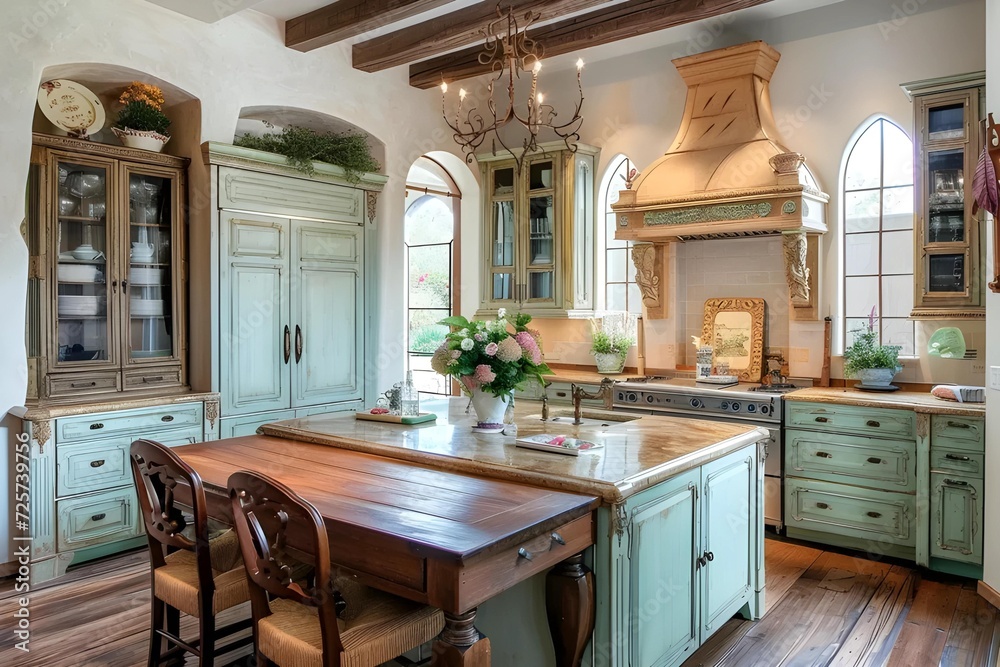 Charming French Country Kitchen: Rustic Elegance, Antique Furnishings ...