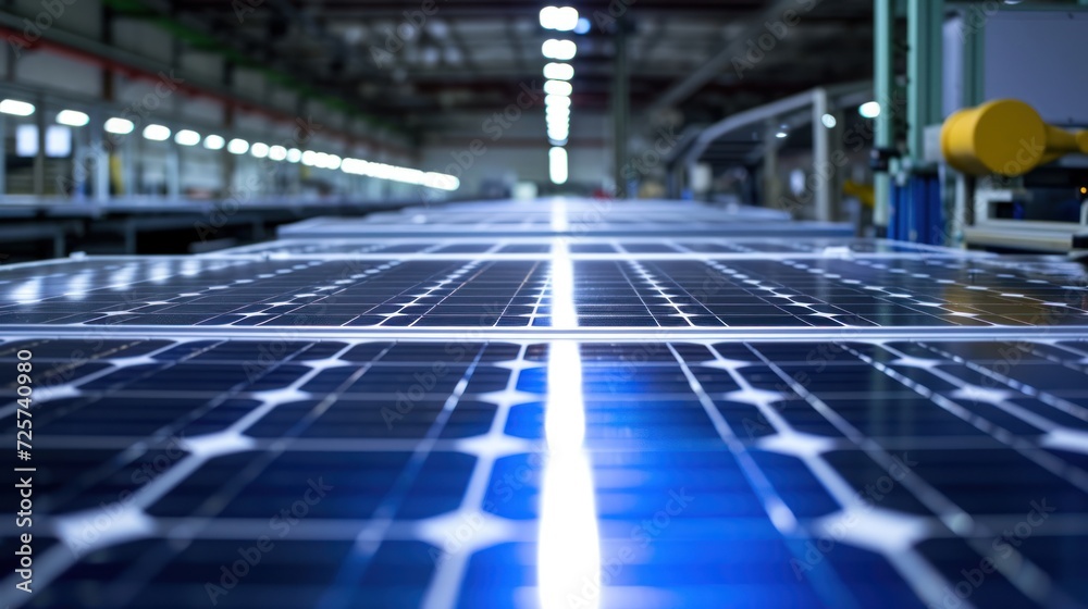 Solar panels are being transported and tested on a conveyor belt during ...