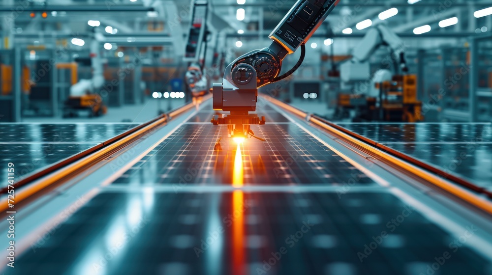 Solar panel production line with robotic arm at state-of-the-art solar ...