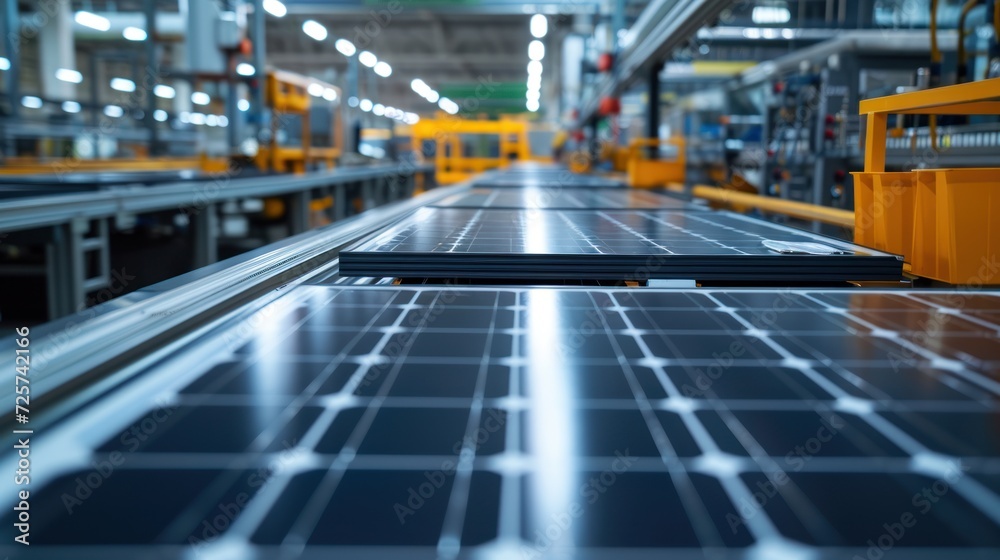 Solar panels are being transported and tested on a conveyor belt during ...
