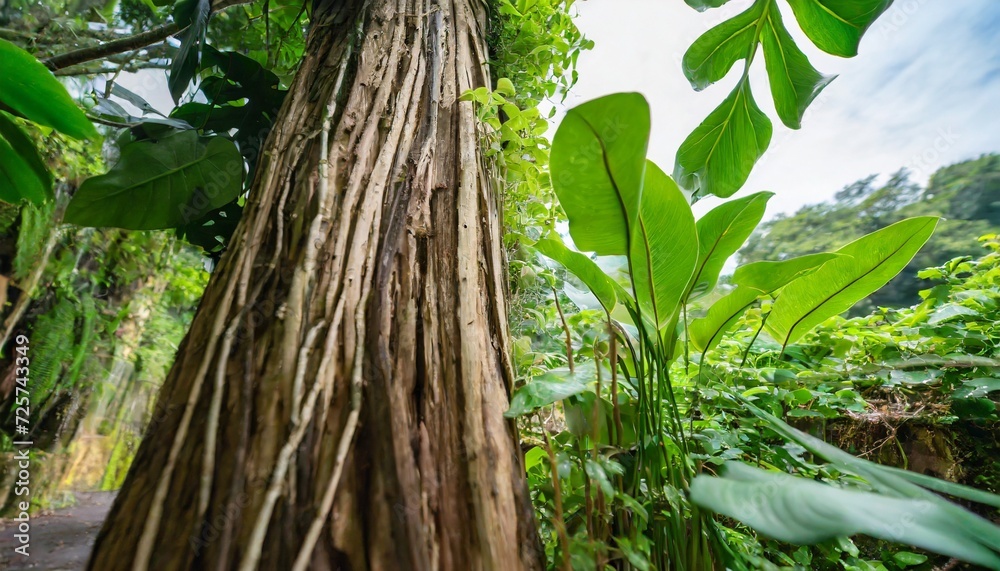 rainforest tree trunk with tropical foliage plants monstera golden ...