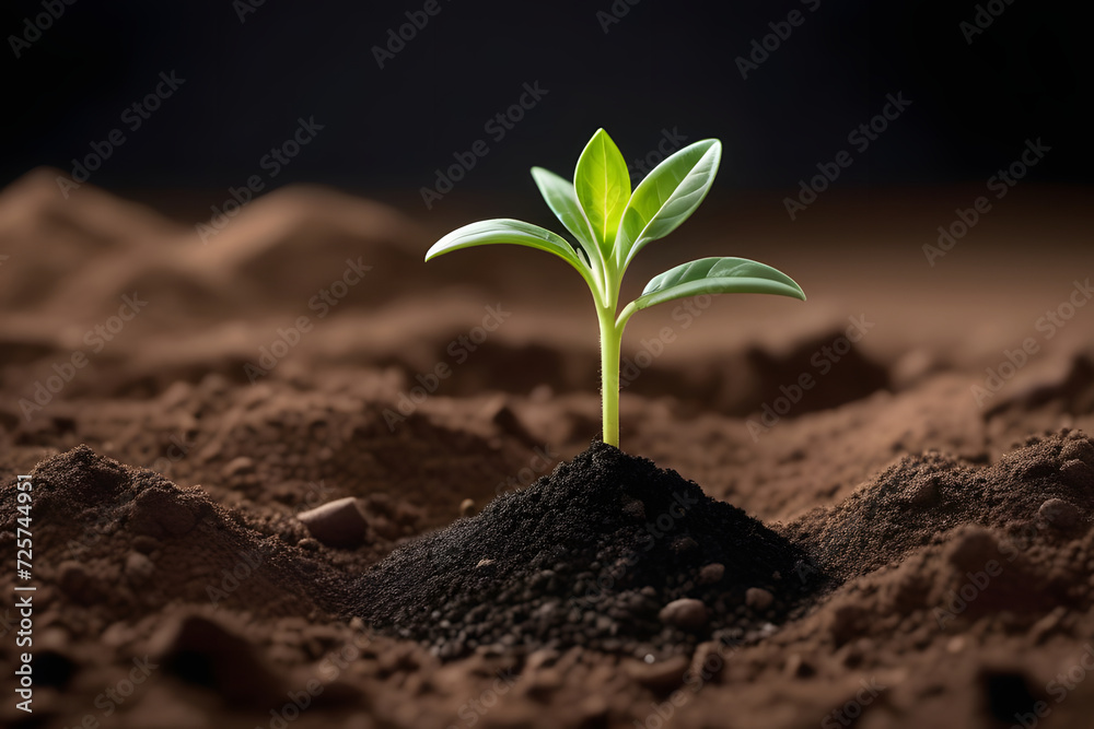 Single green sprout growing from rich soil up close with a blurred ...