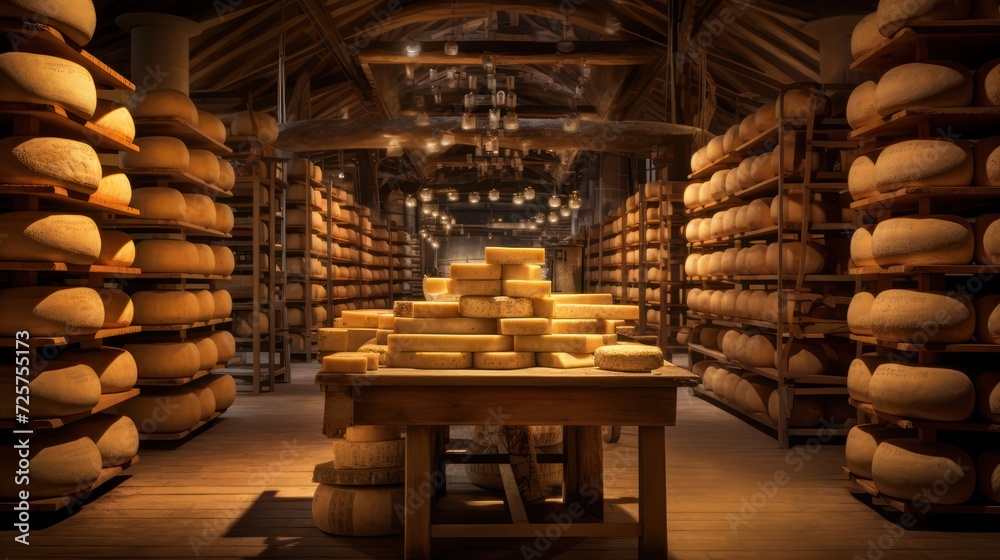 Stack of cheeses inside a traditional warehouse Stock Photo | Adobe Stock