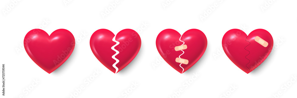 Broken hearts set of 3d realistic icons. Heartbreak with bandage. Love ...