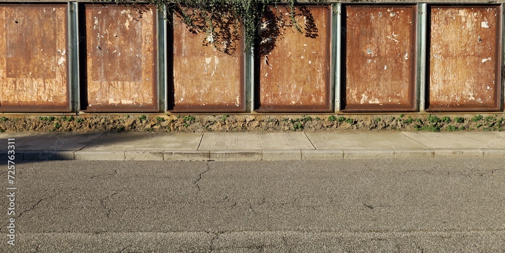 Rusty metal boards with scraped street billboards and ivy on top, at ...