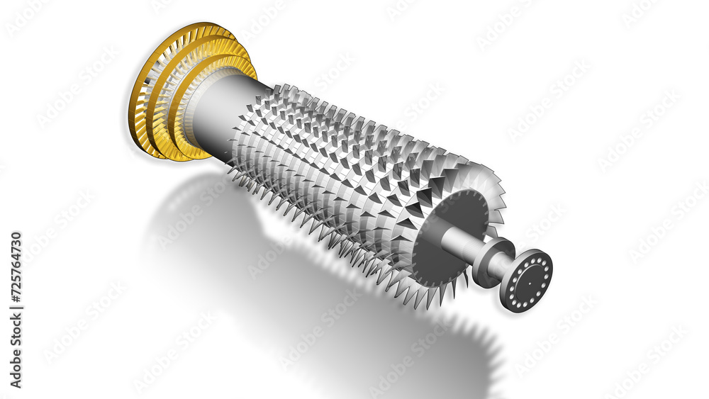 Gas turbine rotor illustration showing several stages of impulse and ...