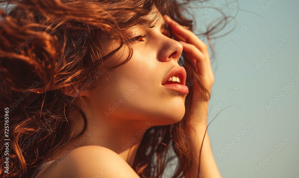 Sensual outdoor portrait of a provocative young woman posing with mouth ...
