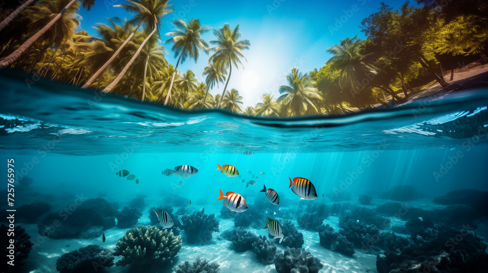 Split view of sea water with fish swimming underwater and tropical ...