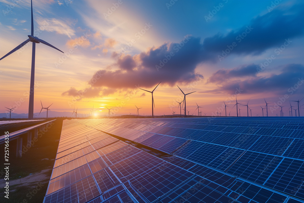 Renewable energy landscape at sunrise or sunset with wind turbines, and ...