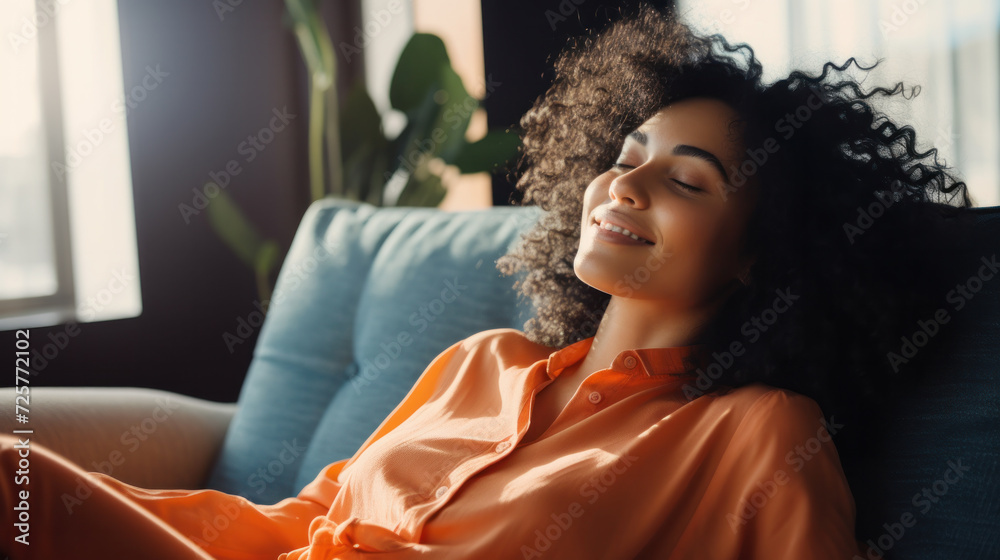 Relaxed serene pretty young woman feel fatigue lounge on comfortable ...
