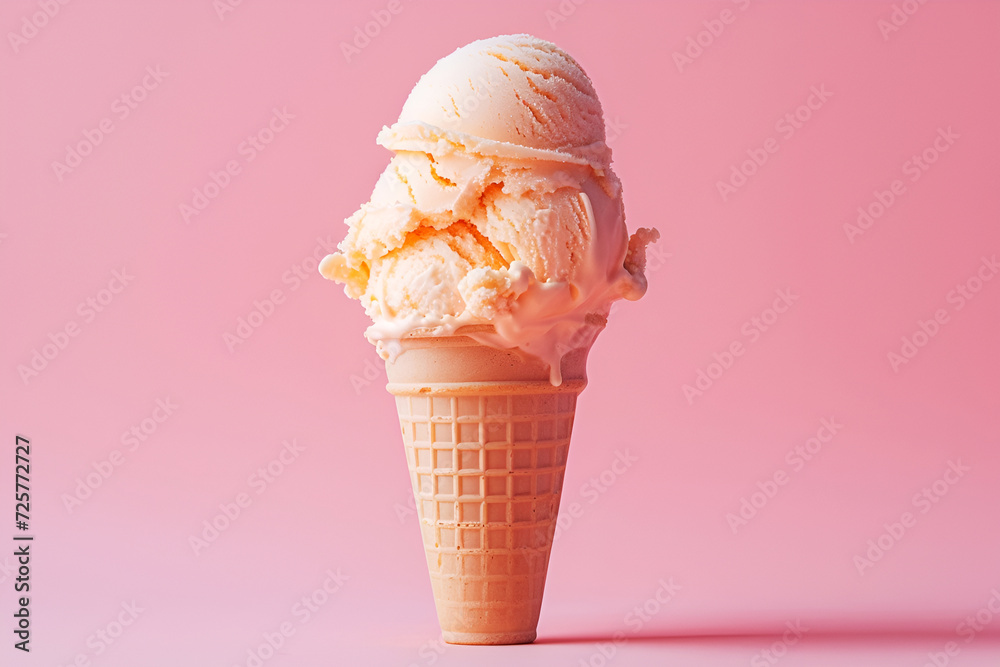 Soft peach ice cream in a crispy cone standing on light pink background ...