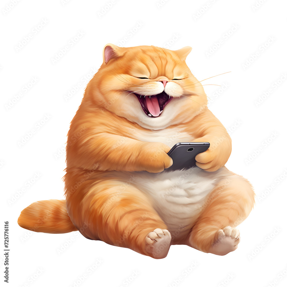 Cartoon fat orange tabby cat playing mobile phone file PNG Generative ...