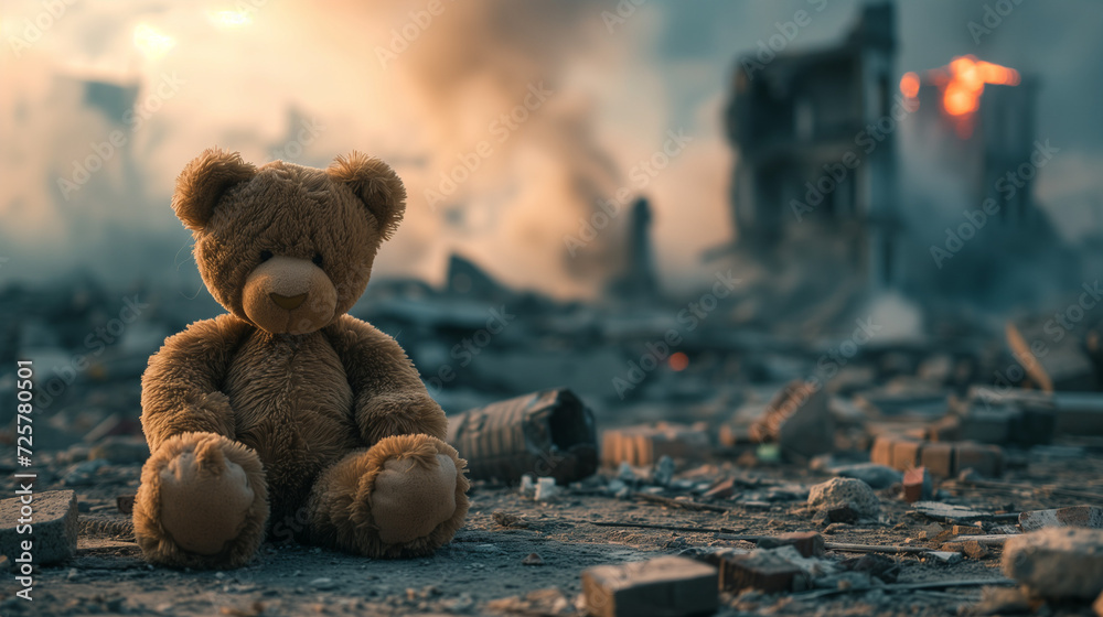 kids teddy bear toy over city burned destruction of an aftermath war ...