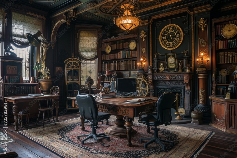 steampunk-inspired study room, with intricate gears Stock Illustration ...