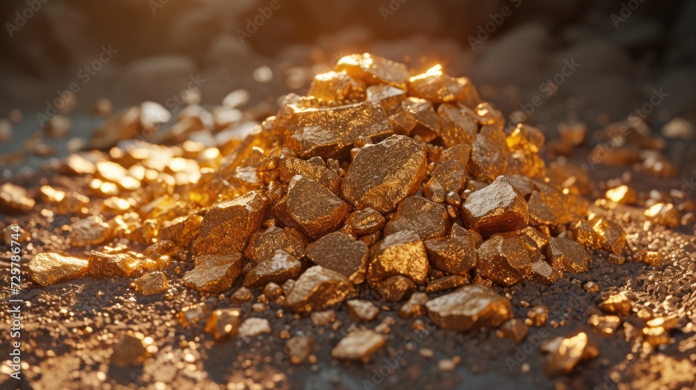 A pile of gold nuggets sitting on top of a pile of rocks. Can be used ...