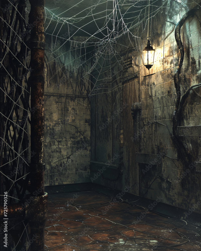 Mysterious and Eerie Abandoned Room with Cobwebs and a Dimly Lit Lantern - A Perfect Setting for ...